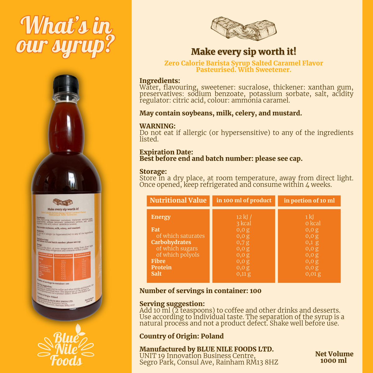 Blue Nile Foods Sugar Free Barista Salted Caramel Coffee Syrup - Guilt